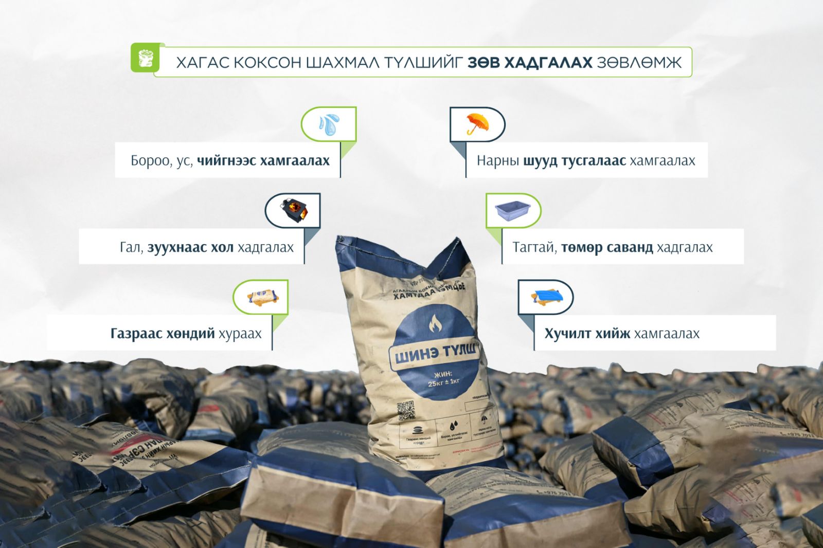 Хагас коксон шахмал түлшийг ус, чийг нэвтрүүлэхгүй, хуурай газар ...